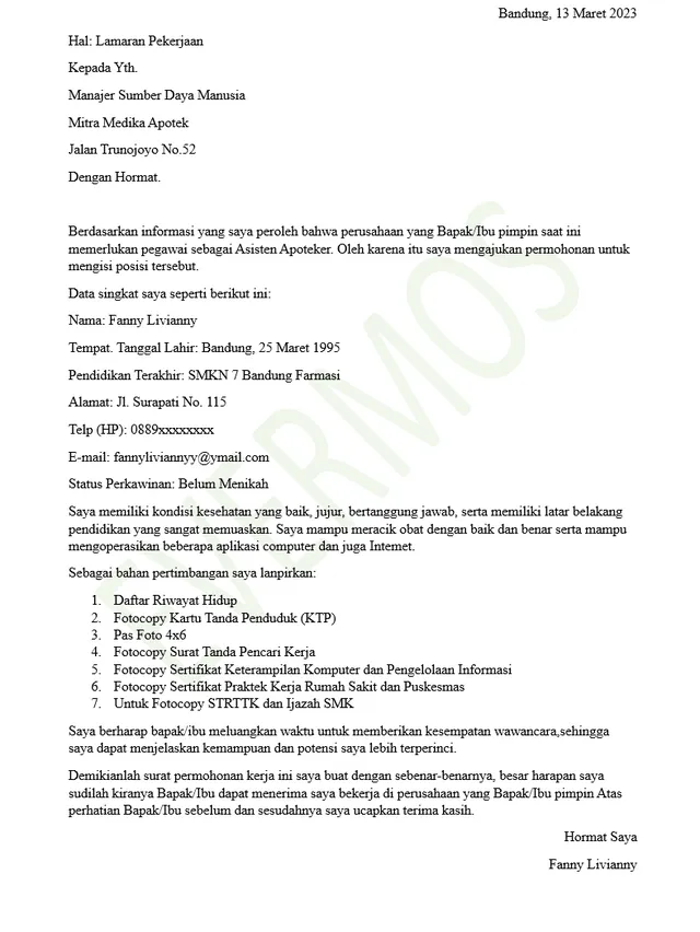 Free Download 5 Contoh Surat Lamaran Kerja Di Apotek Yang Baik Dan