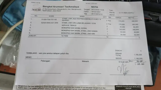 5 Contoh Nota Service Mobil Beserta Format yang Mudah!